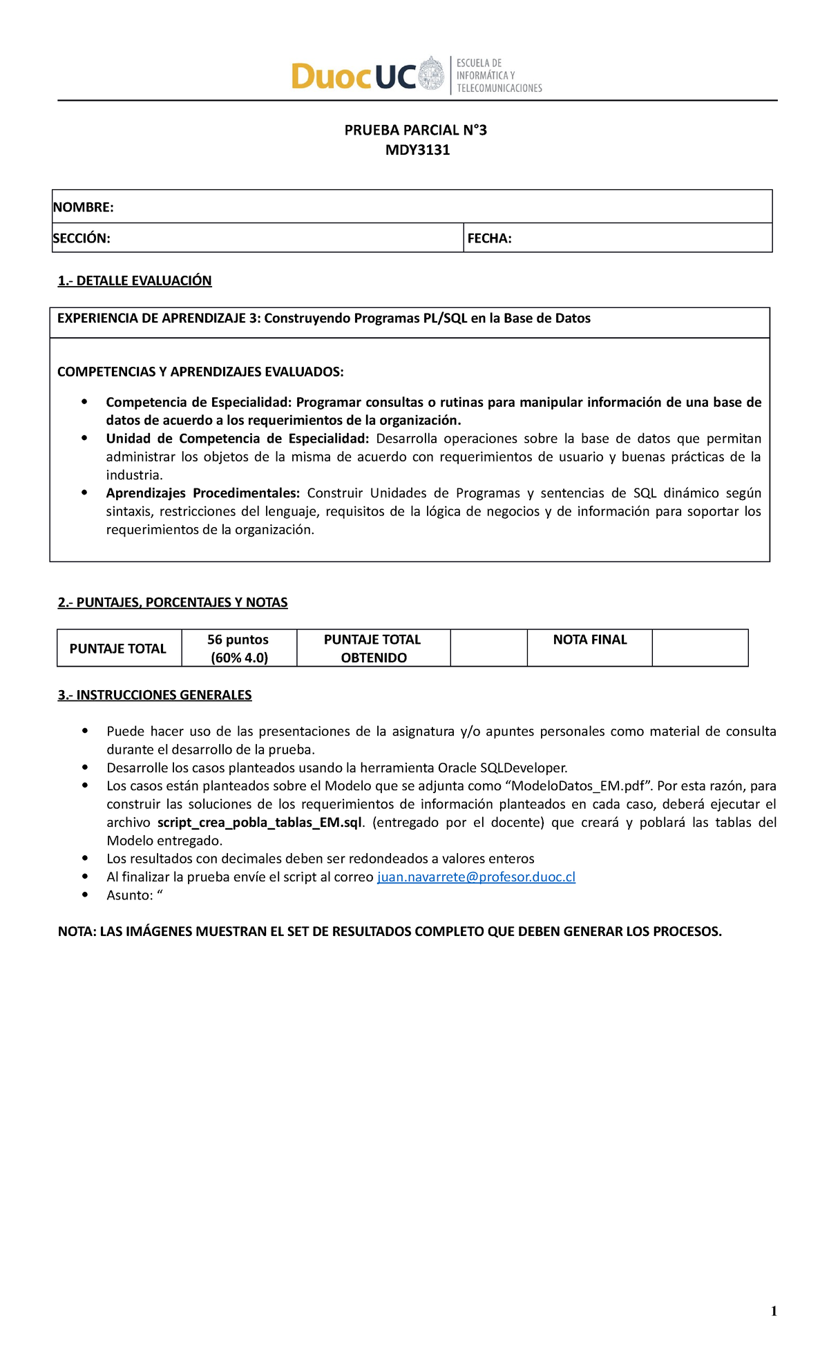 Prueba Parcial Nro3 Usenlo Prueba Parcial N° Mdy Nombre SecciÓn