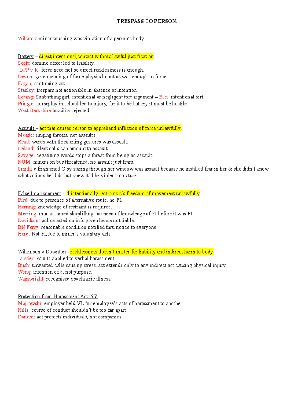 Tort Summarised Summary Law Of Tort Trespass To Person Wilcock