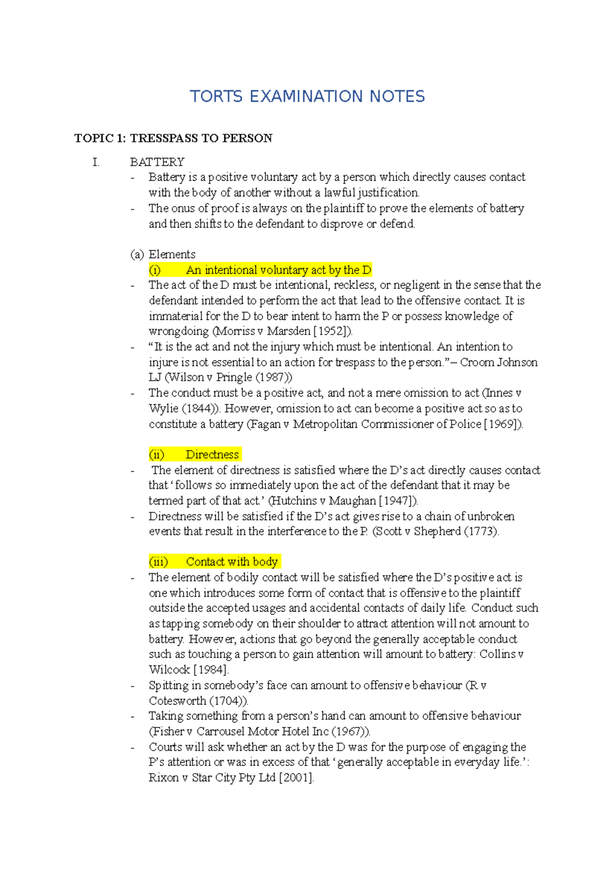 Trespass To Persons Torts Examination Notes Topic 1 Tresspass To