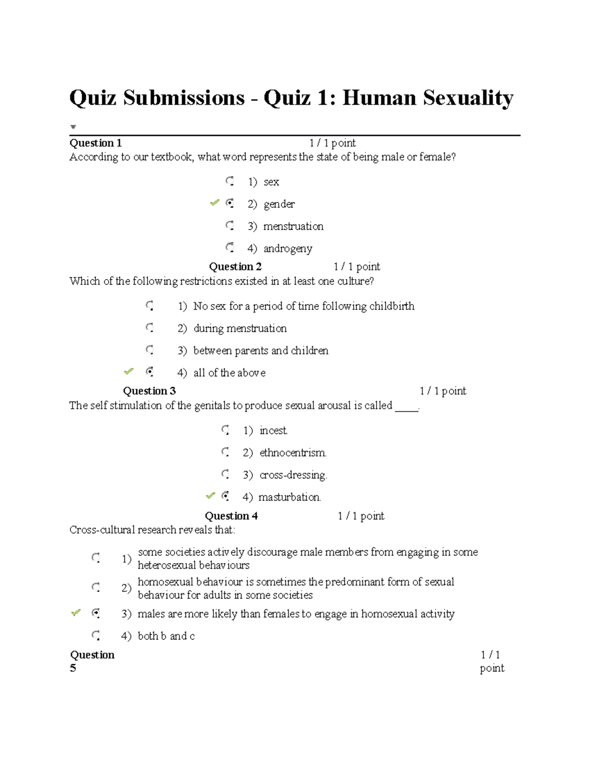 Quiz 1 Extra Quiz Submissions Quiz 1 Human Sexuality Question 1