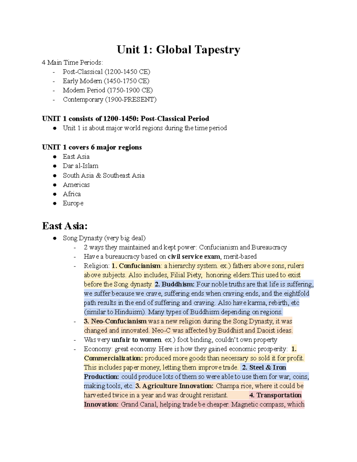 Unit 1 Review Unit 1 Global Tapestry 4 Main Time Periods