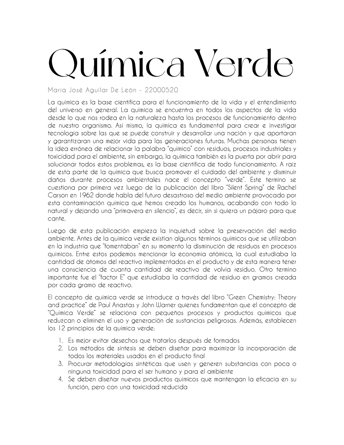 Química Verde Ensayo Química Verde María José Aguilar De León