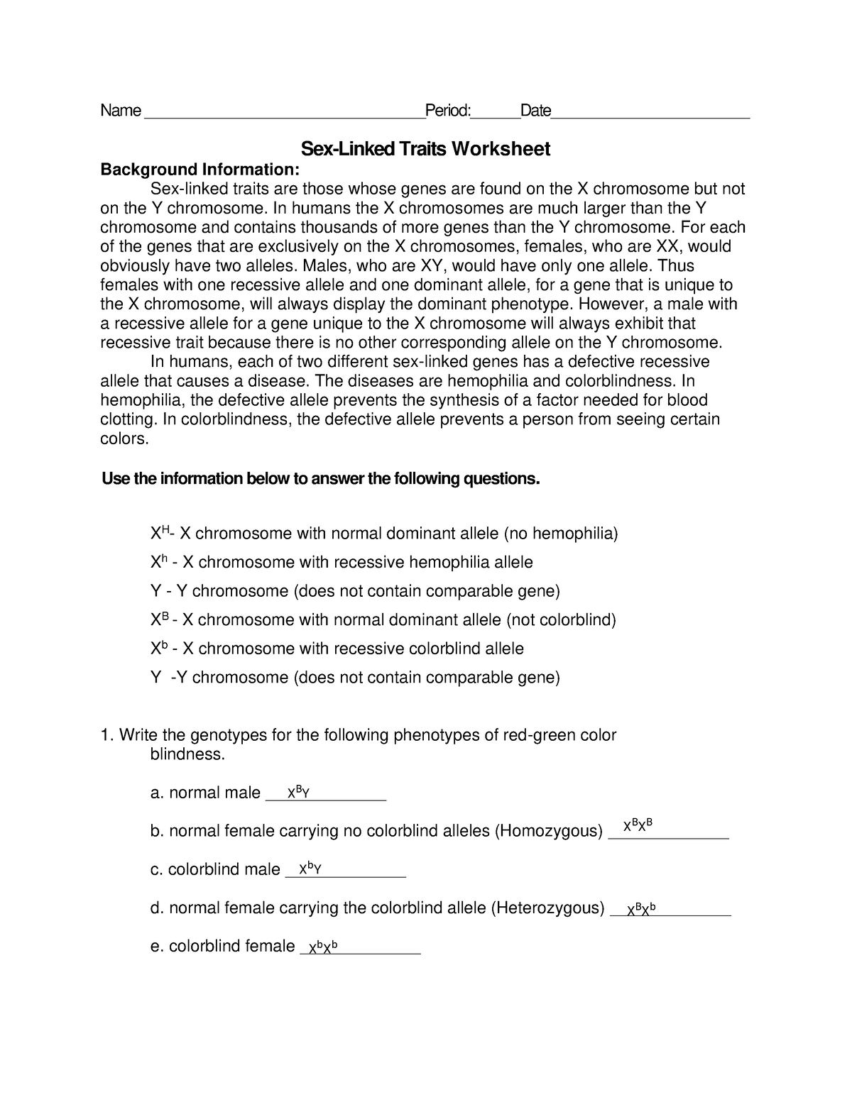 Sex Linked Punnett Squares Worksheet Name Perioddate