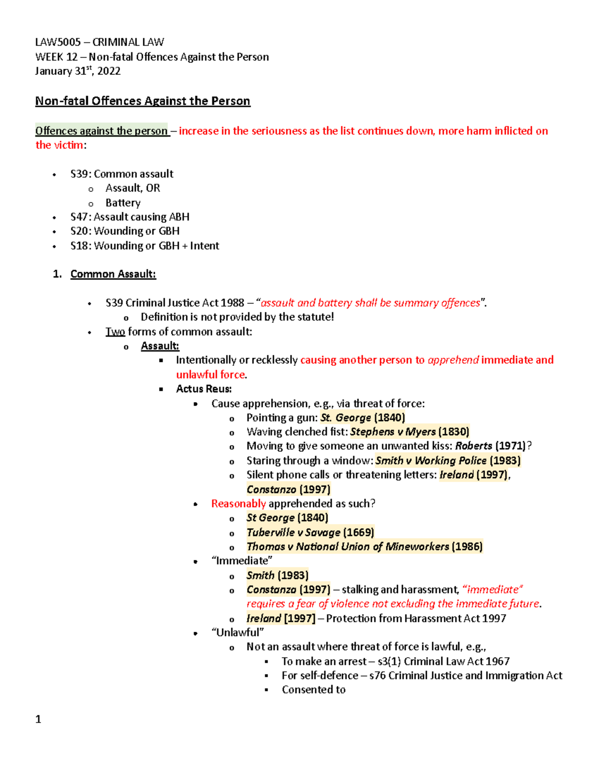 Crimweek 12 Non Fatal Offences Against The Person Week 12 Non