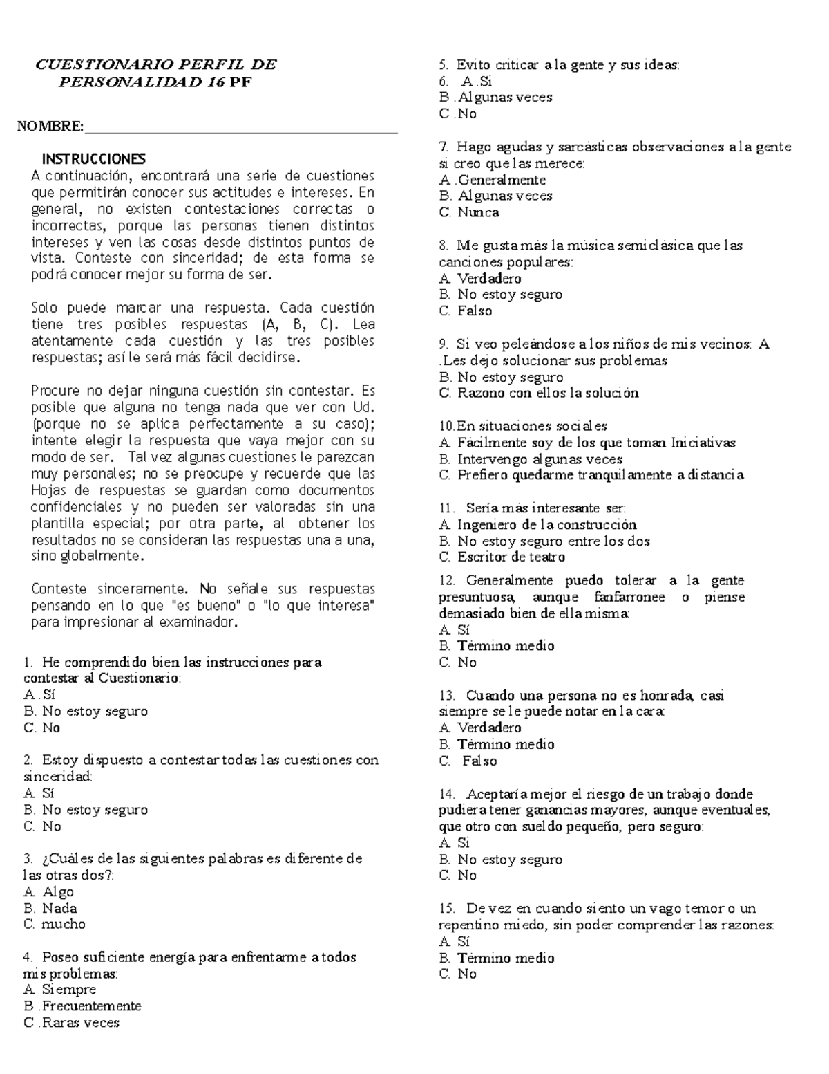 Cuadernillo De Preguntas 16pf Cuestionario Perfil De Personalidad 16