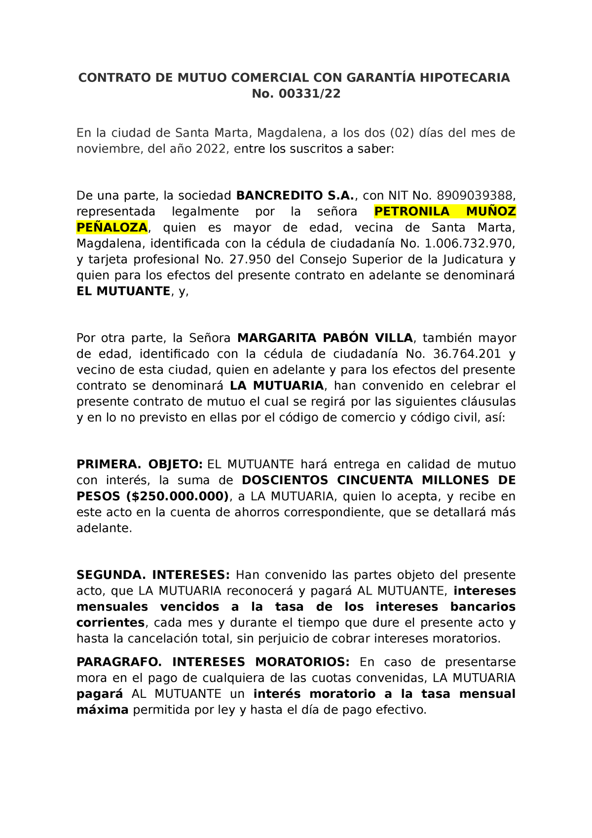 Contrato De Mutuo Comercial Con Garantía Hipotecaria Contrato De