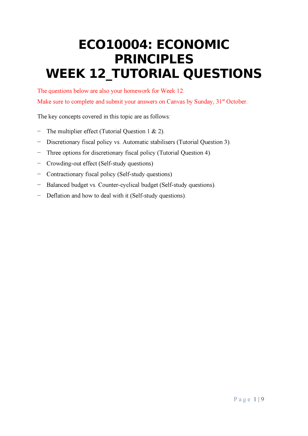 Week 12 Tutorial Questions Eco10004 Economic Principles Week 12