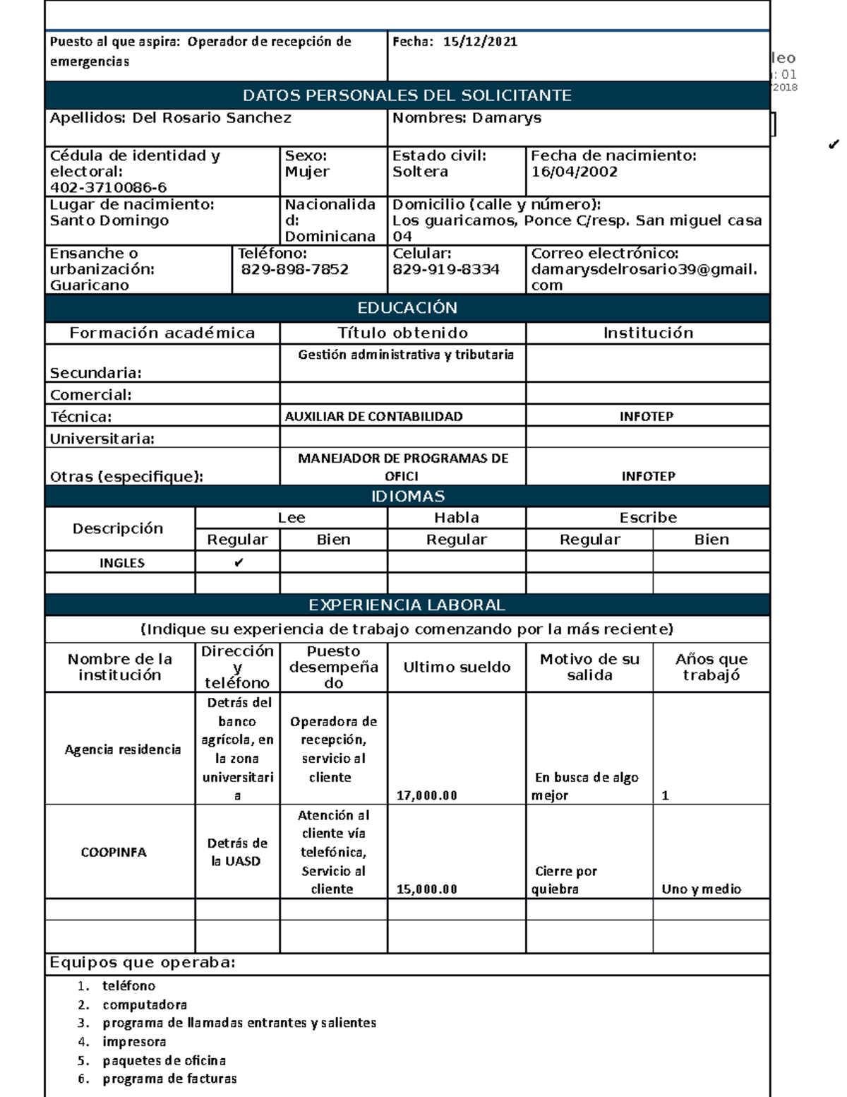 Formulario Solicitud Empleo Sns Dgh Fo 001 V1 Formulario De Solicitud