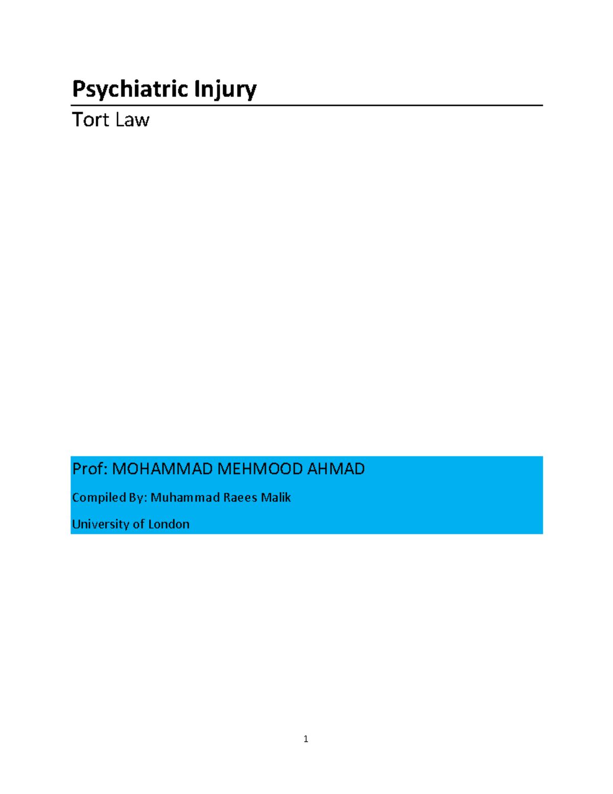 5 Psychiatric Injury Tort Law Notes Psychiatric Injury Tort Law