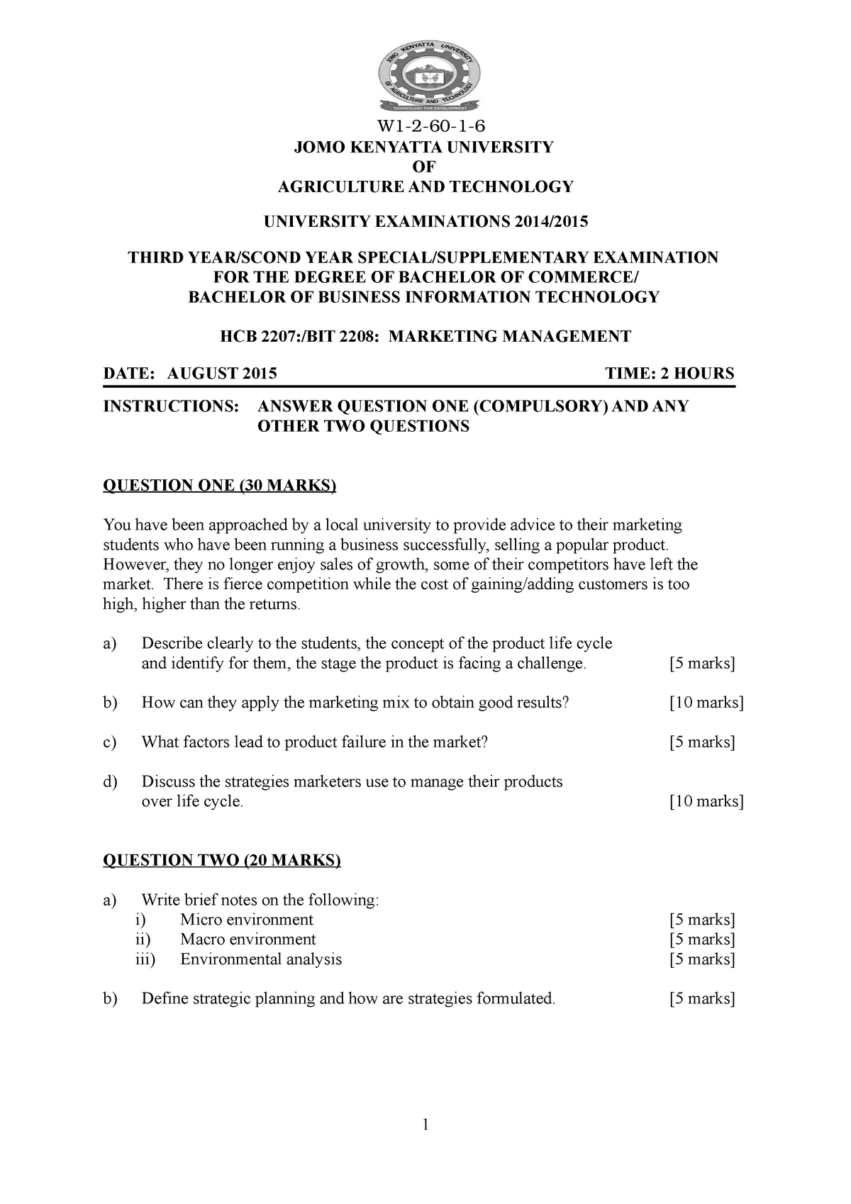 Exam 2 April 2013 Questions W1 2 60 1 Jomo Kenyatta University Of