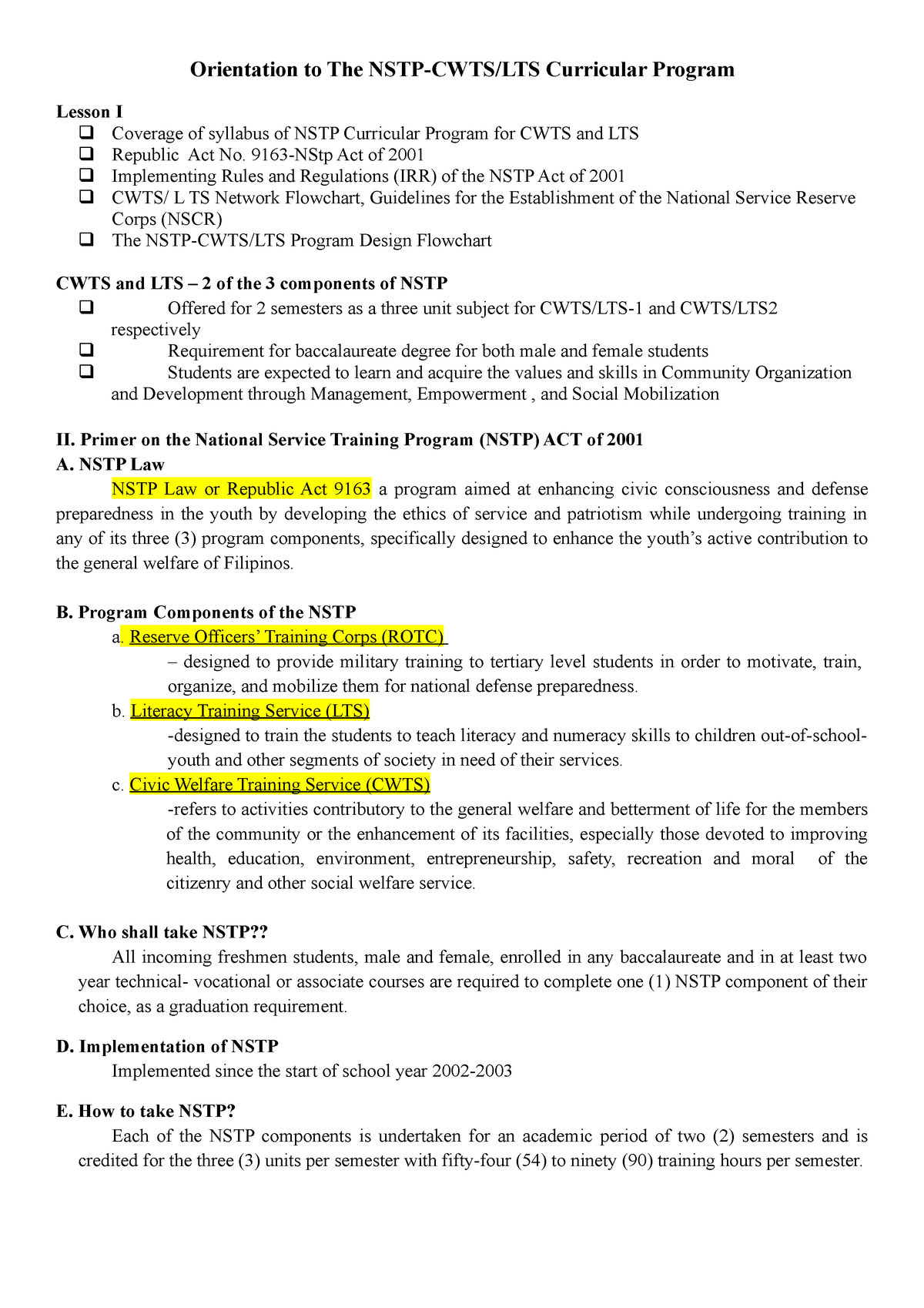 Module 1 Lecture Notes 1 Orientation To The Nstp Cwtslts