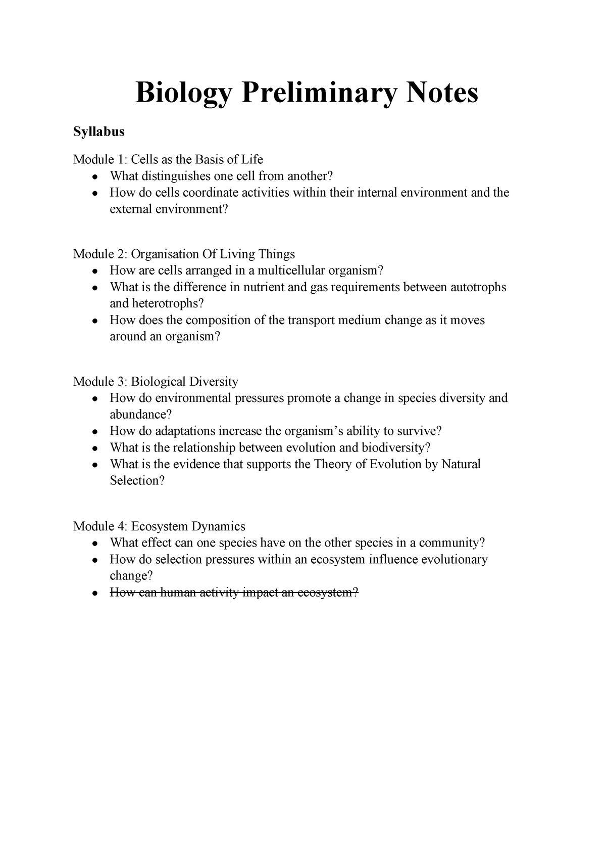 Biology Prelim Notes Biology Preliminary Notes Syllabus Module 1