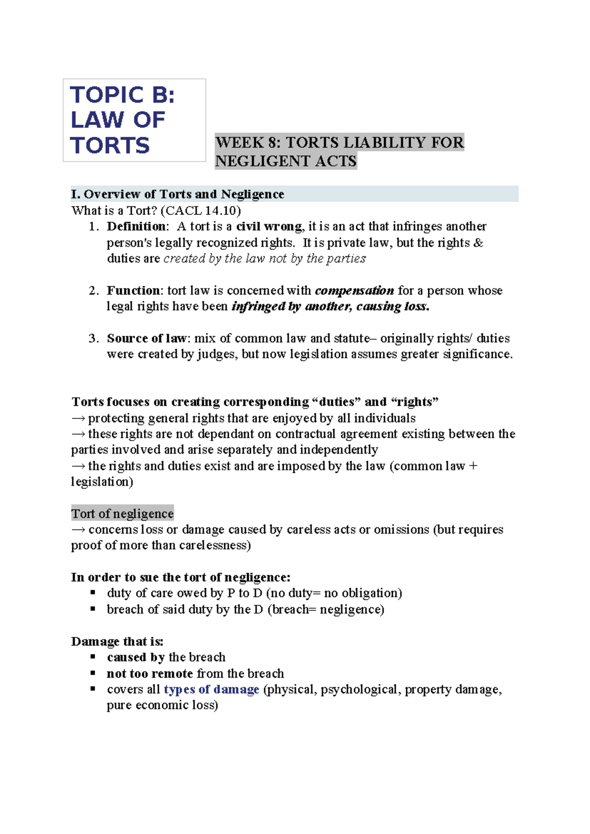 4law Of Torts Week 4 Week 8 Torts Liability For Negligent Acts I