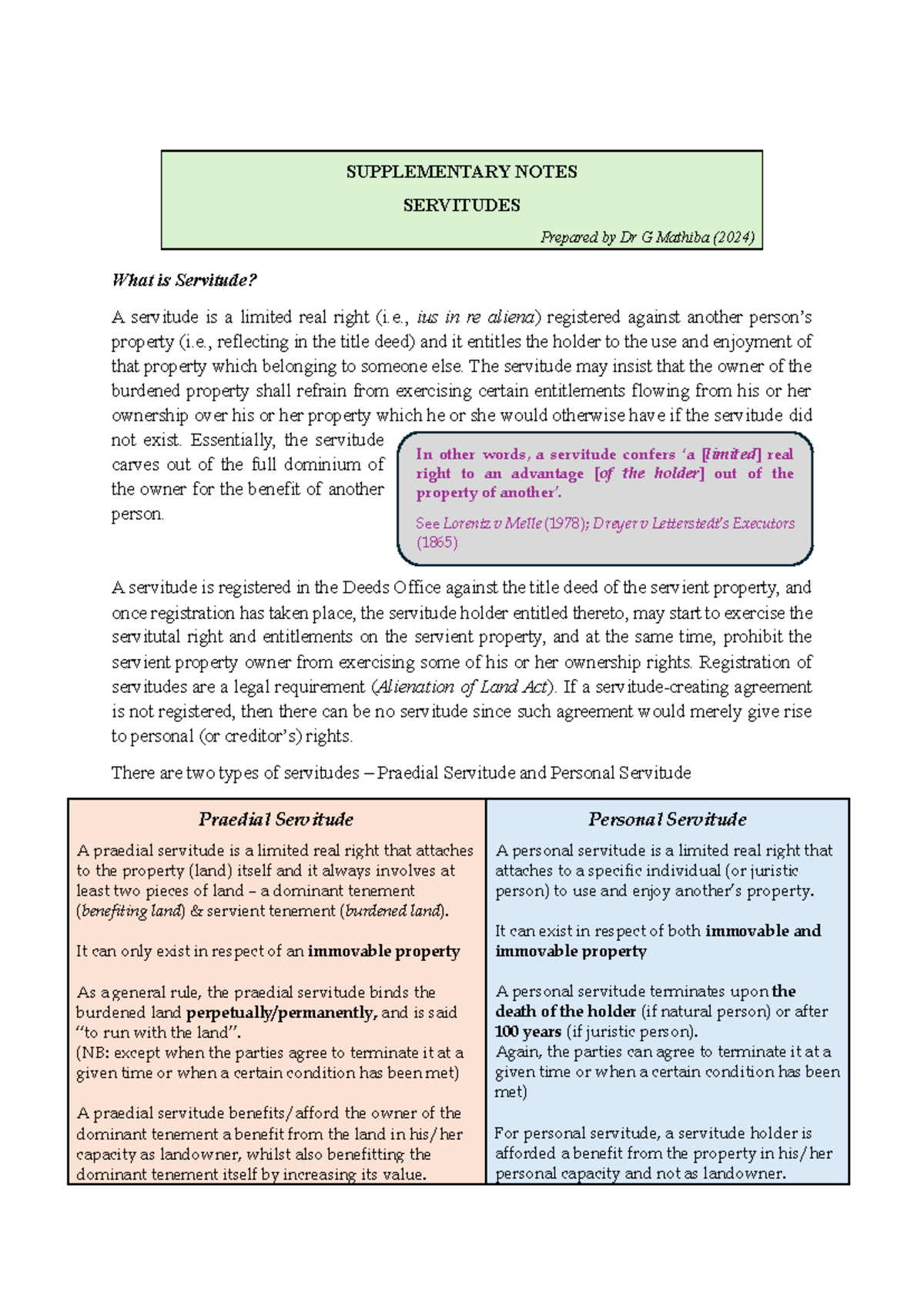 Supplementary Notes Supplementary Notes Servitudes Prepared By Dr G