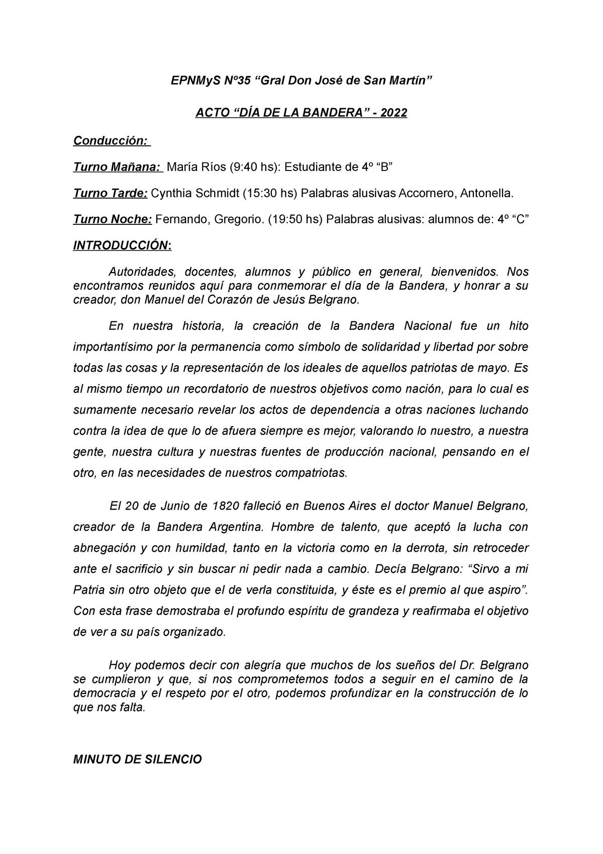 Acto 20 De Junio De 2022 Acto Para El 20 De Julio Epnmys Nº35 “gral