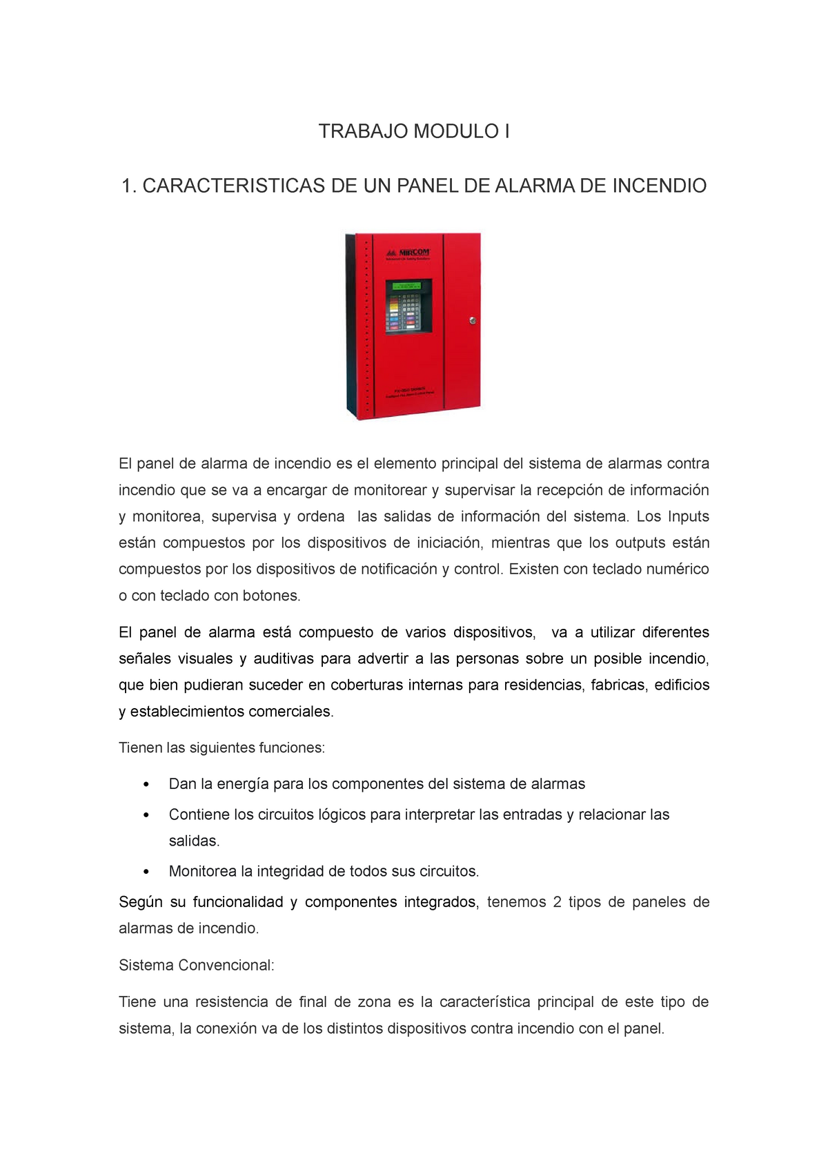 Panel De Alarma De Incendio Y Caracteristicas Trabajo Modulo I 1