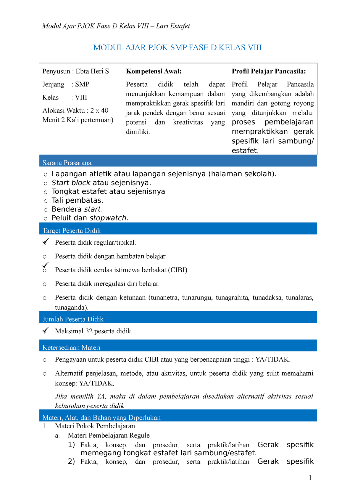 Download Modul Ajar Pjok Smp Fase D Kelas 8 Kurikulum Merdeka Semester