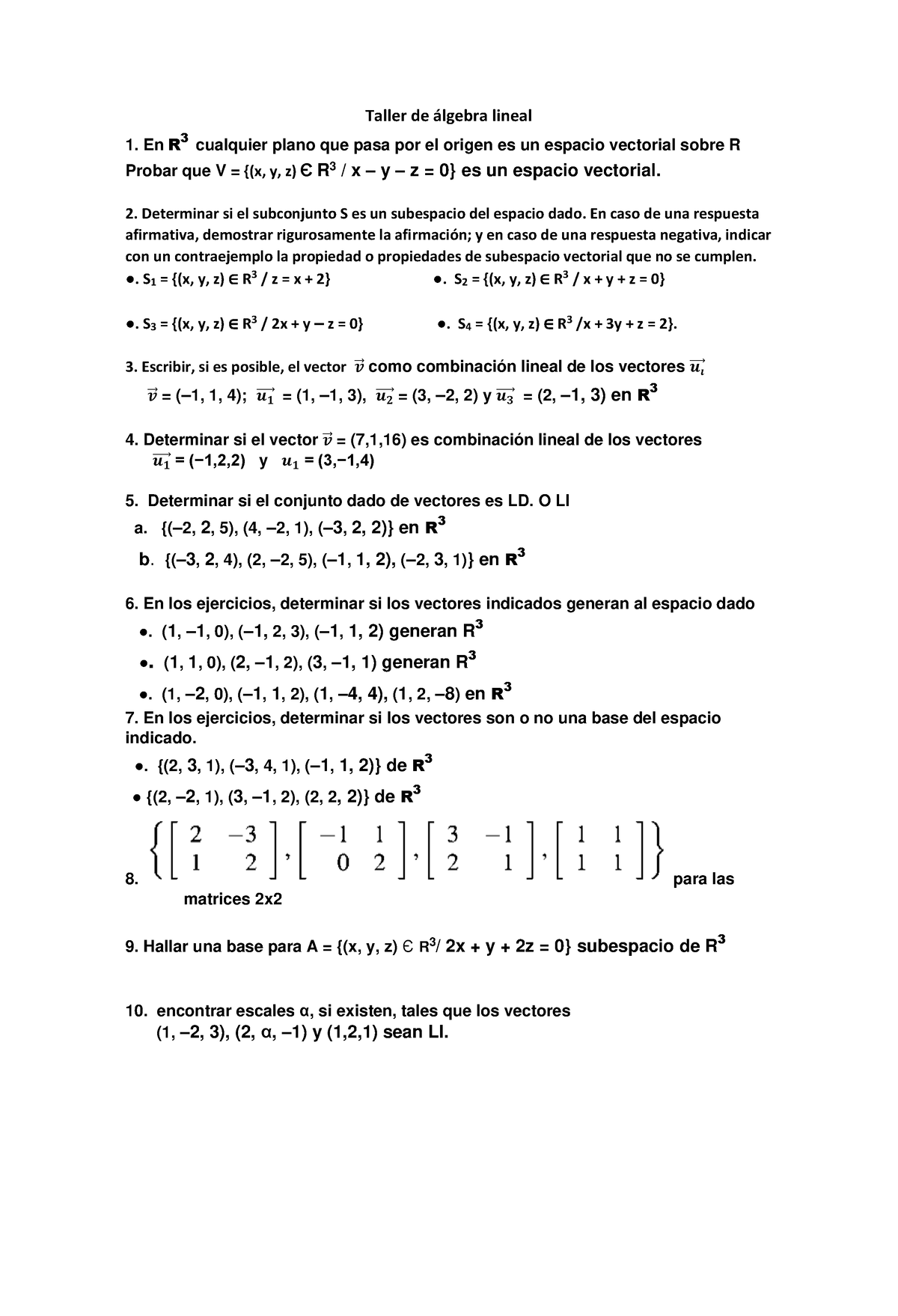 Taller De álgebra Lineal12 05 23 Taller De álgebra Lineal En R 3