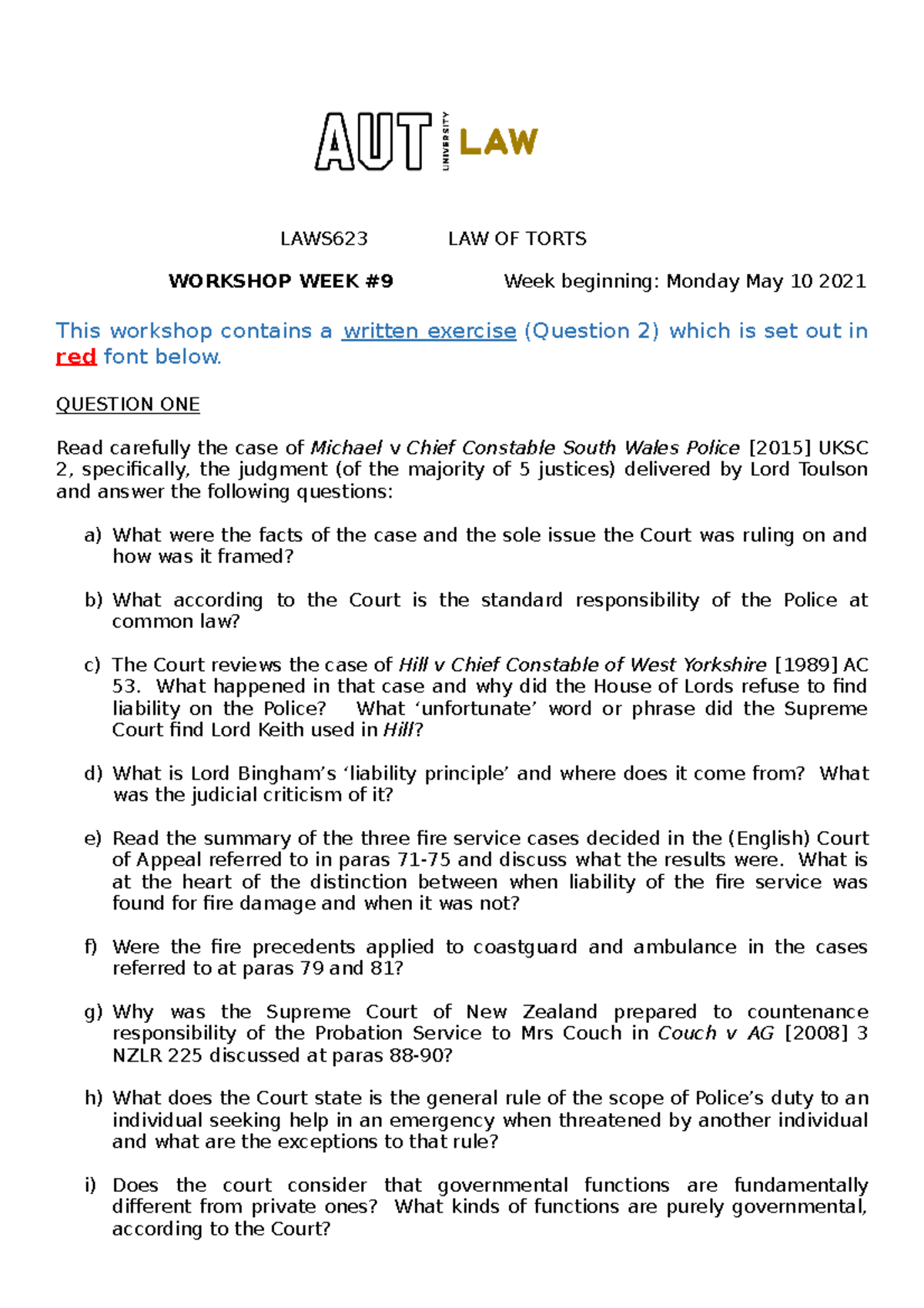 Laws623 Week 9 Torts Tutorial 2021 On Negligence Laws623 Law Of Torts