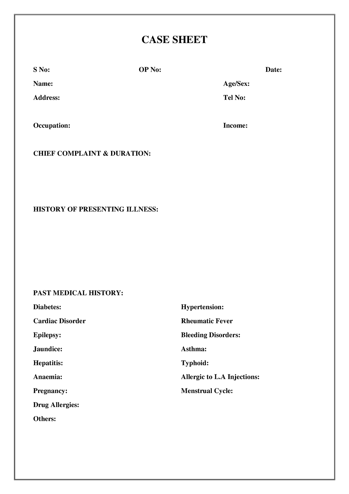 Long Case Sheet For Clinical Examination Case Sheet S No Op No Date