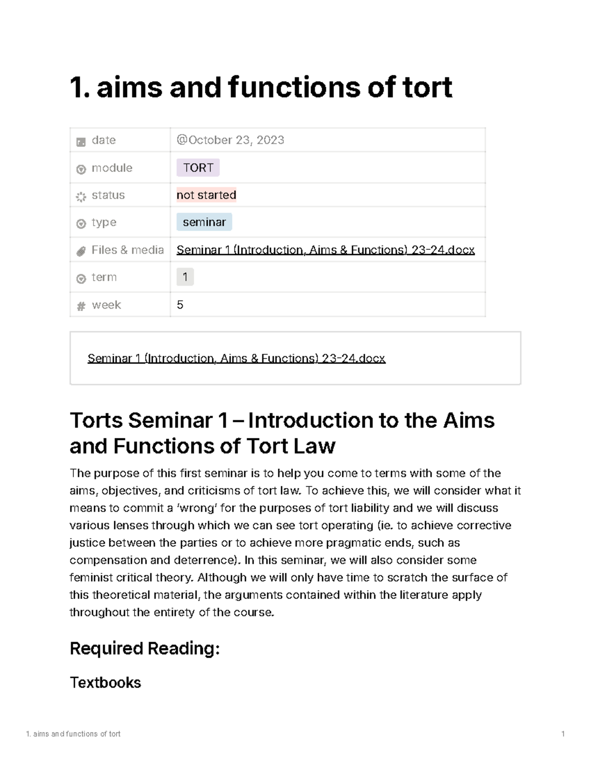 Tort Law Seminar 1 Aims And Functions Of Tort 1 1 Aims And Functions