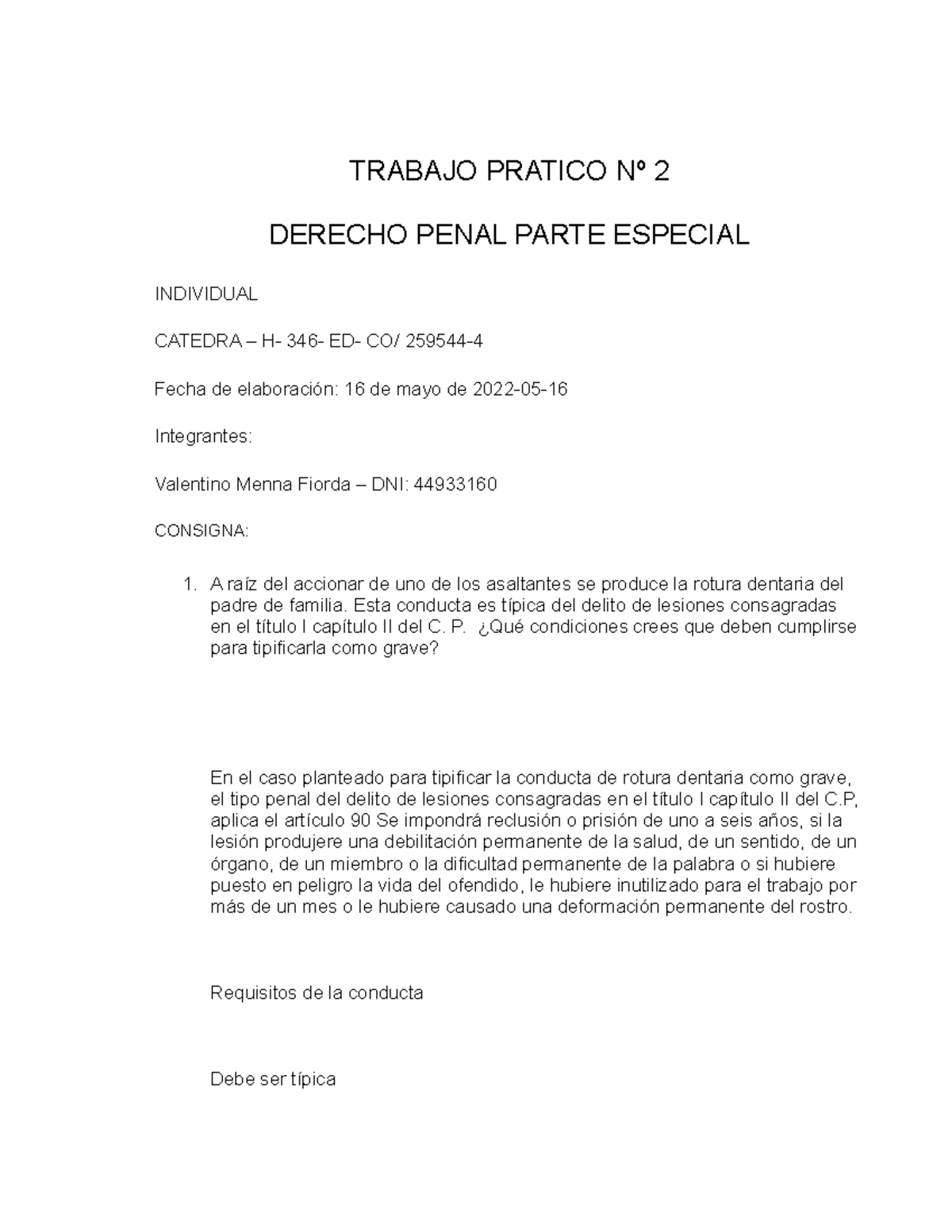 Trabajo Pratico Nº 2 Derecho Penal Parte Especial Trabajo Pratico Nº