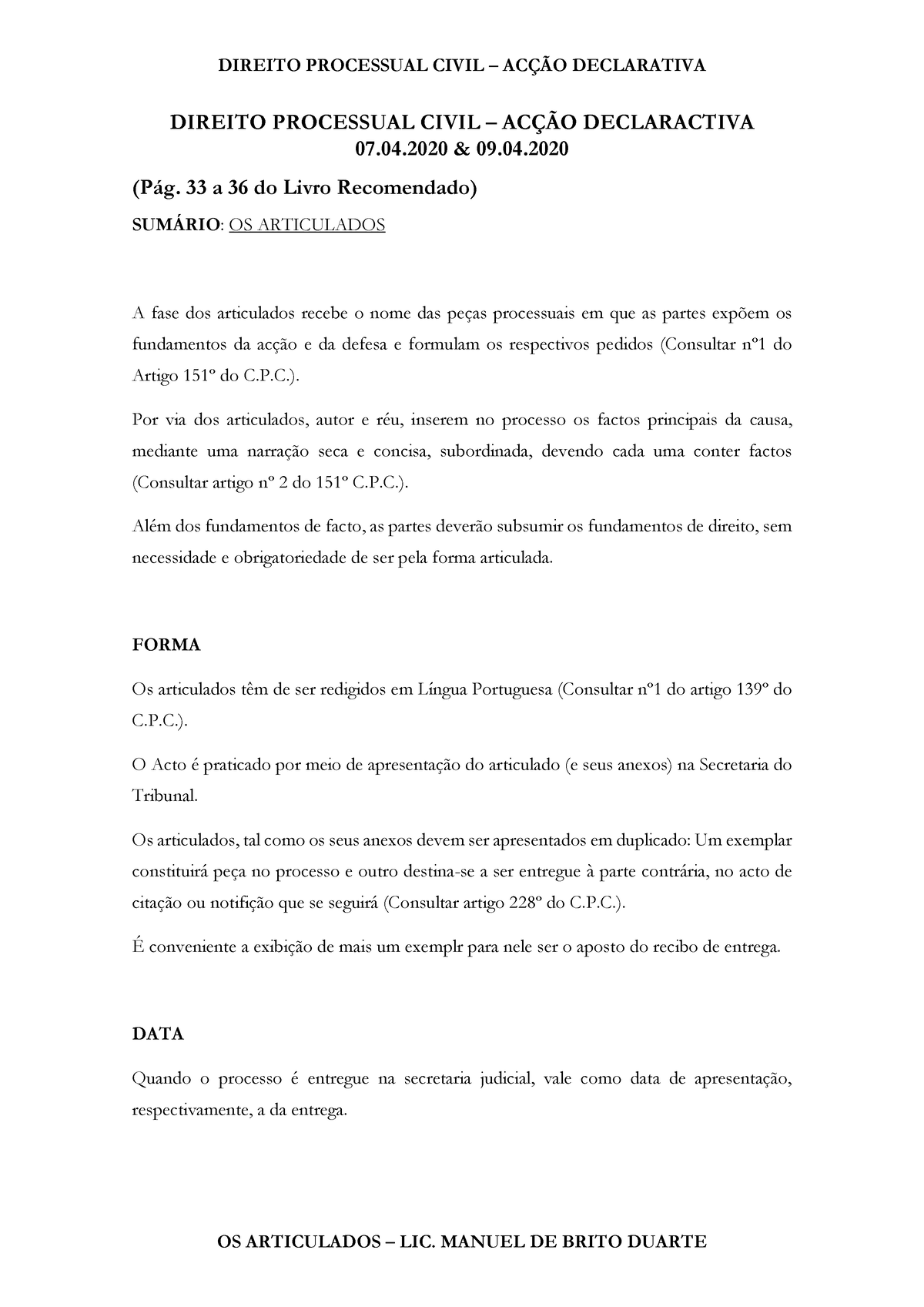 Dpc AcÇÃo Declarativa Os Articulados Direito Processual Civil