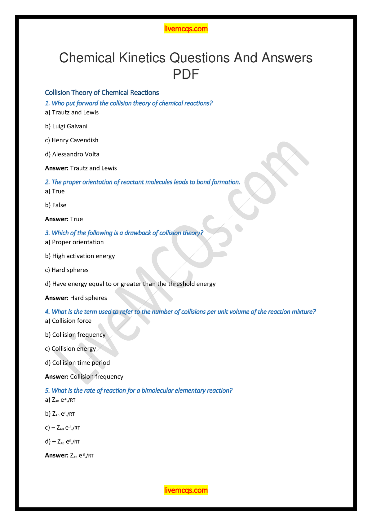 Chemical Kinetics Questions And Answers Pdf Chemical Kinetics