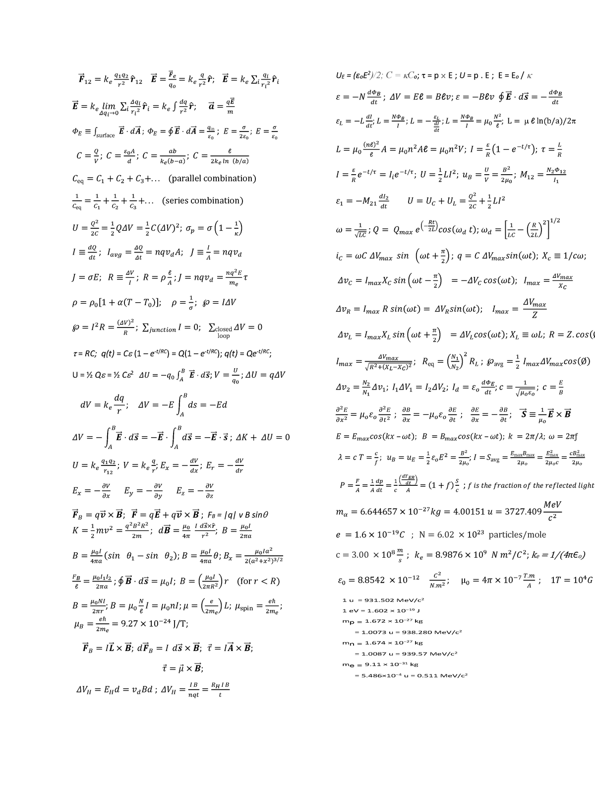 Formulae Sheet Phys Warning Tt Undefined Function 32 Warning Tt