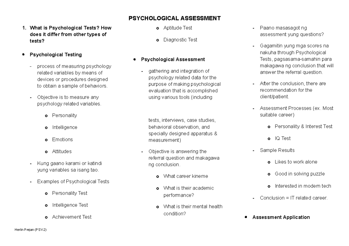 Psychological Assessment Notes Psychological Assessment What Is