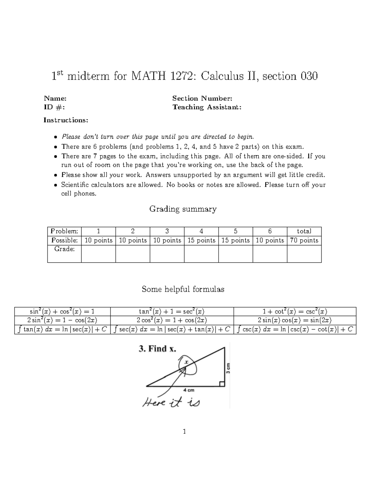 Practice Midterm 1 1 St Midterm For Math 1272 Calculus Ii Section