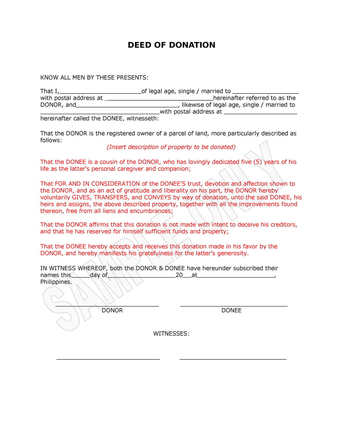 Deed Of Donation Template Sample Only Deed Of Donation Know All Men