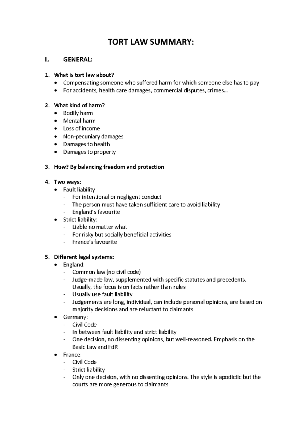 Tort Law Summary Tort Law Summary I General What Is Tort Law About