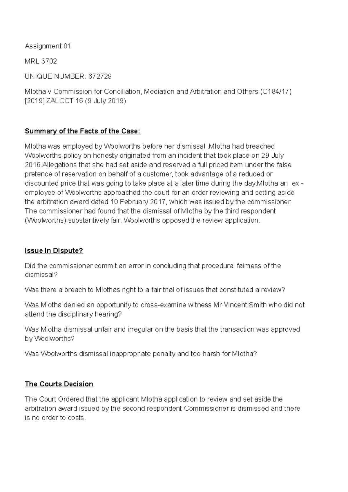 Assignment 01 Mrl3702 Labour Law In Detail Assignment 01 Mrl 3702