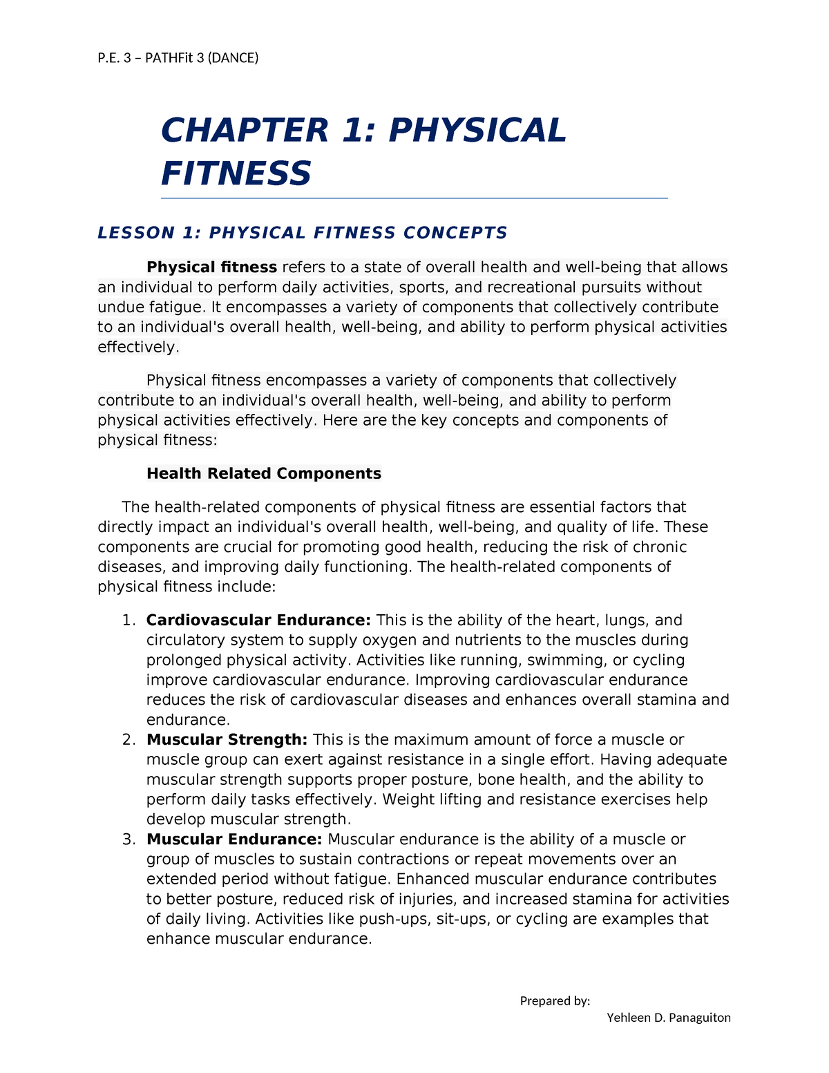 Pe 3 Hand Out Hand Out Chapter 1 Physical Fitness Lesson 1