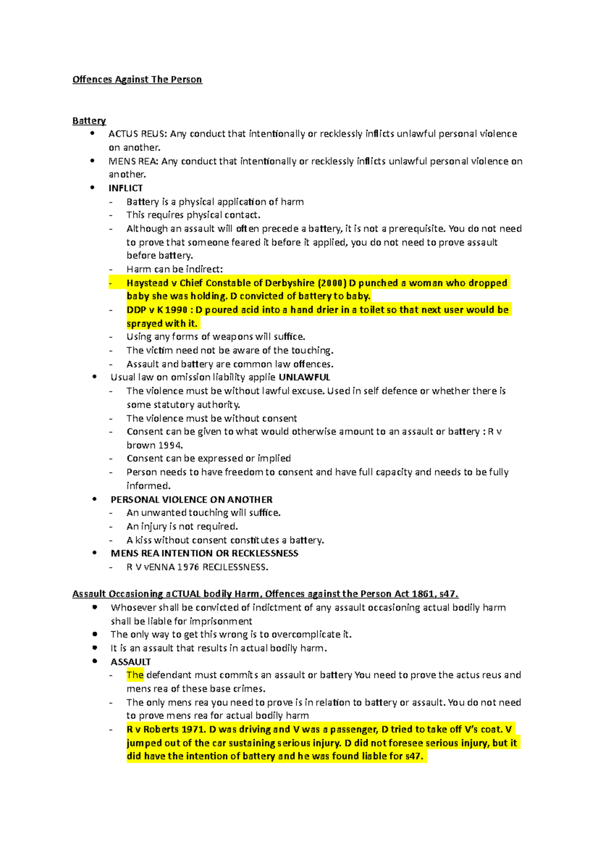 Non Fatal Offences Against The Person S47 And Battery Offences