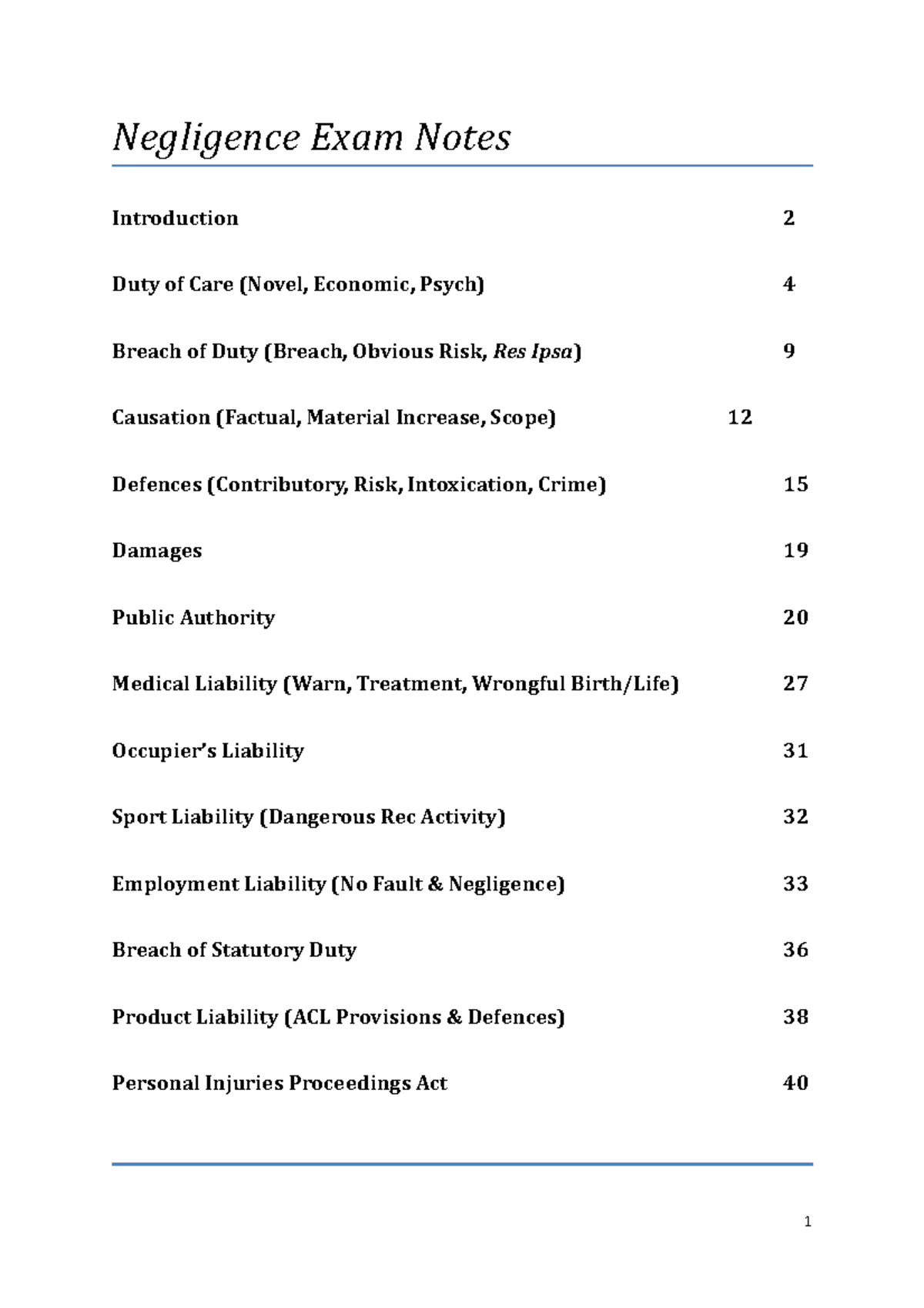 Torts 2 Exam Notes Negligence Exam Notes Introduction 2 Duty Of Care