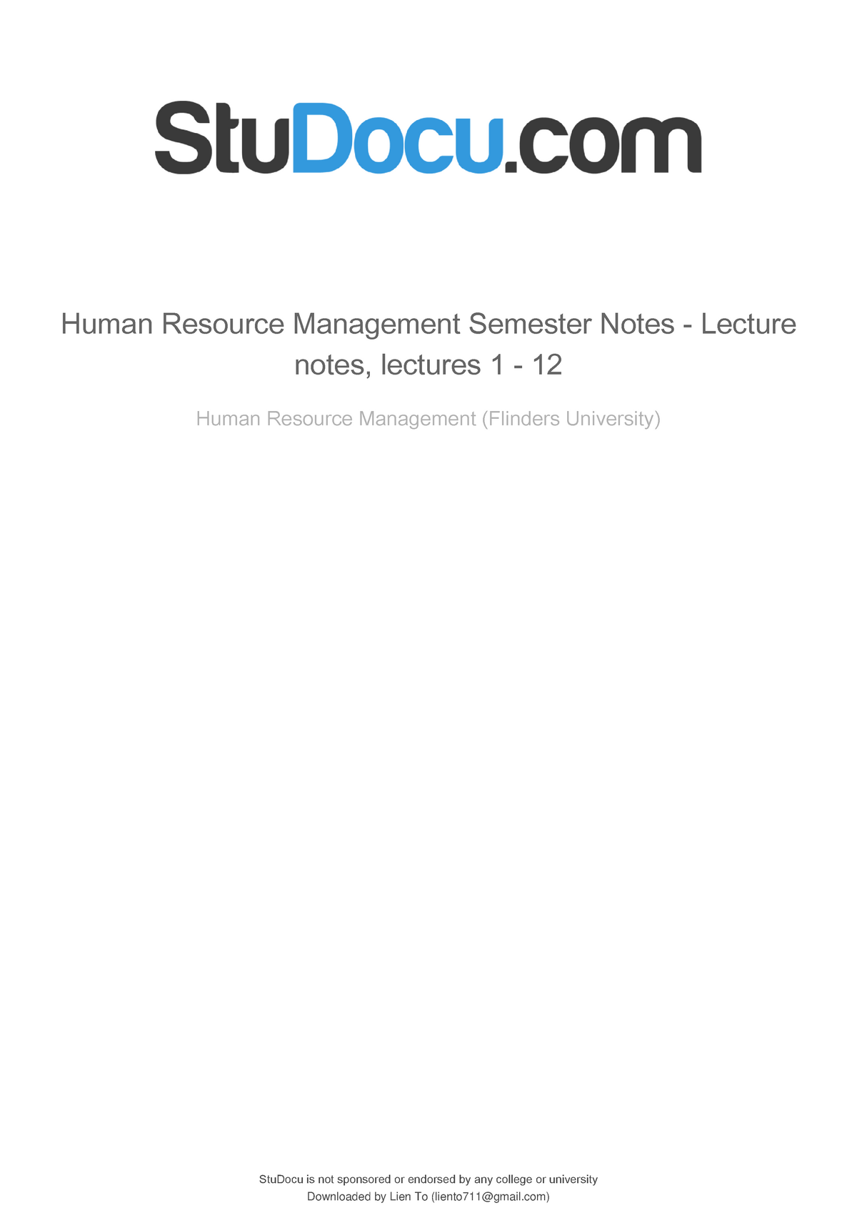 Human Resource Management Semester Notes Lecture Notes Lectures 1 12