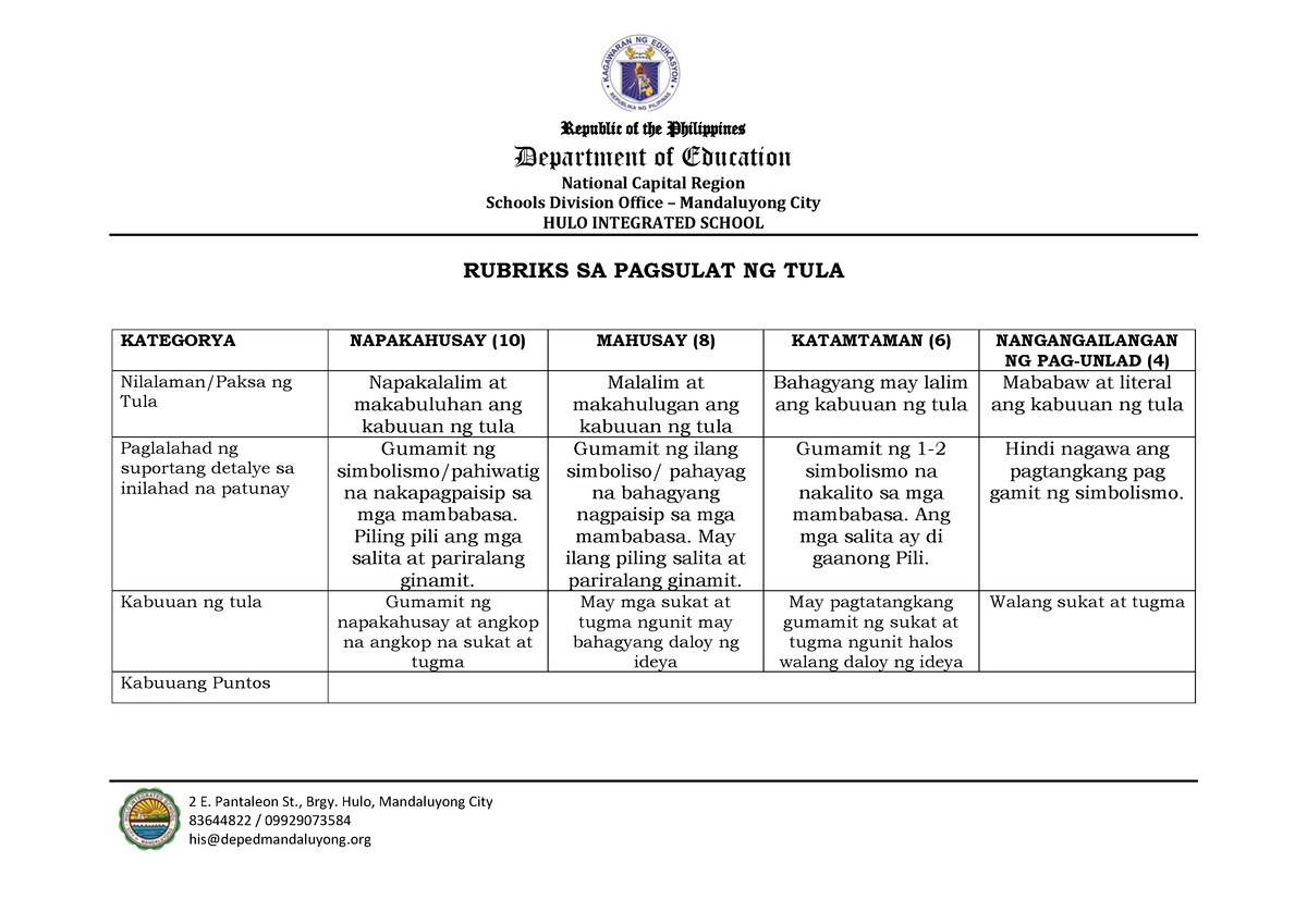 310500271 Rubrics Sa Paggawa Ng Tula Rubrics Sa Pagsulat O Paggawa Ng