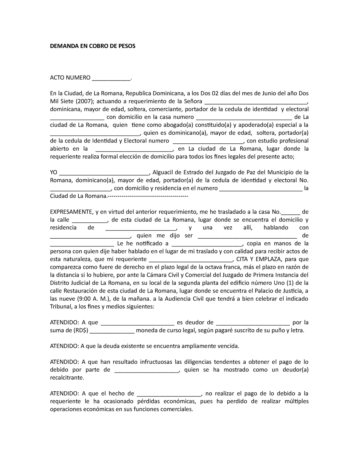 Modelo De Demanda Por Cobro De Pesos Pdf Word Formato