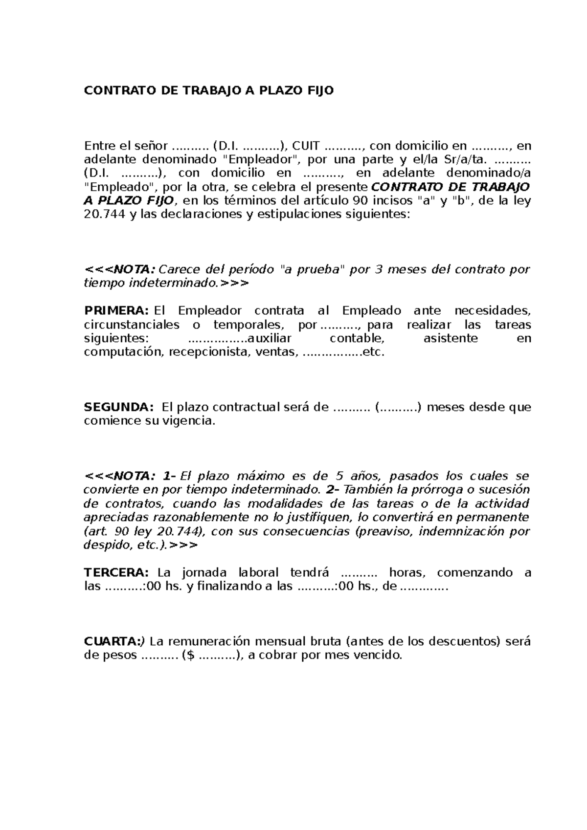 Modelo Contrato De Trabajo A Plazo Fijo Contrato De Trabajo A Plazo