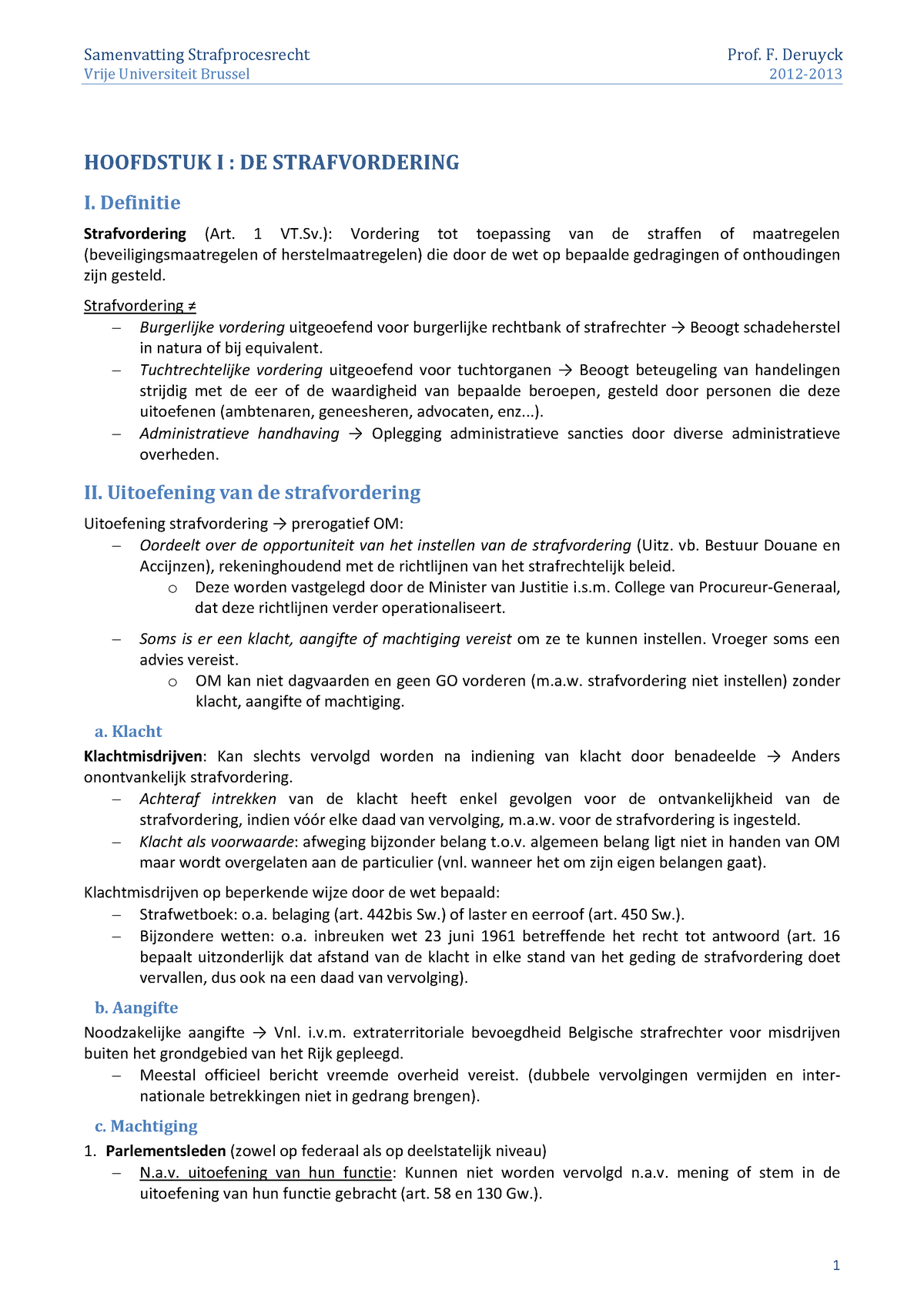 Samenvatting Strafprocesrecht College 1 9 Vrije Universiteit Brussel