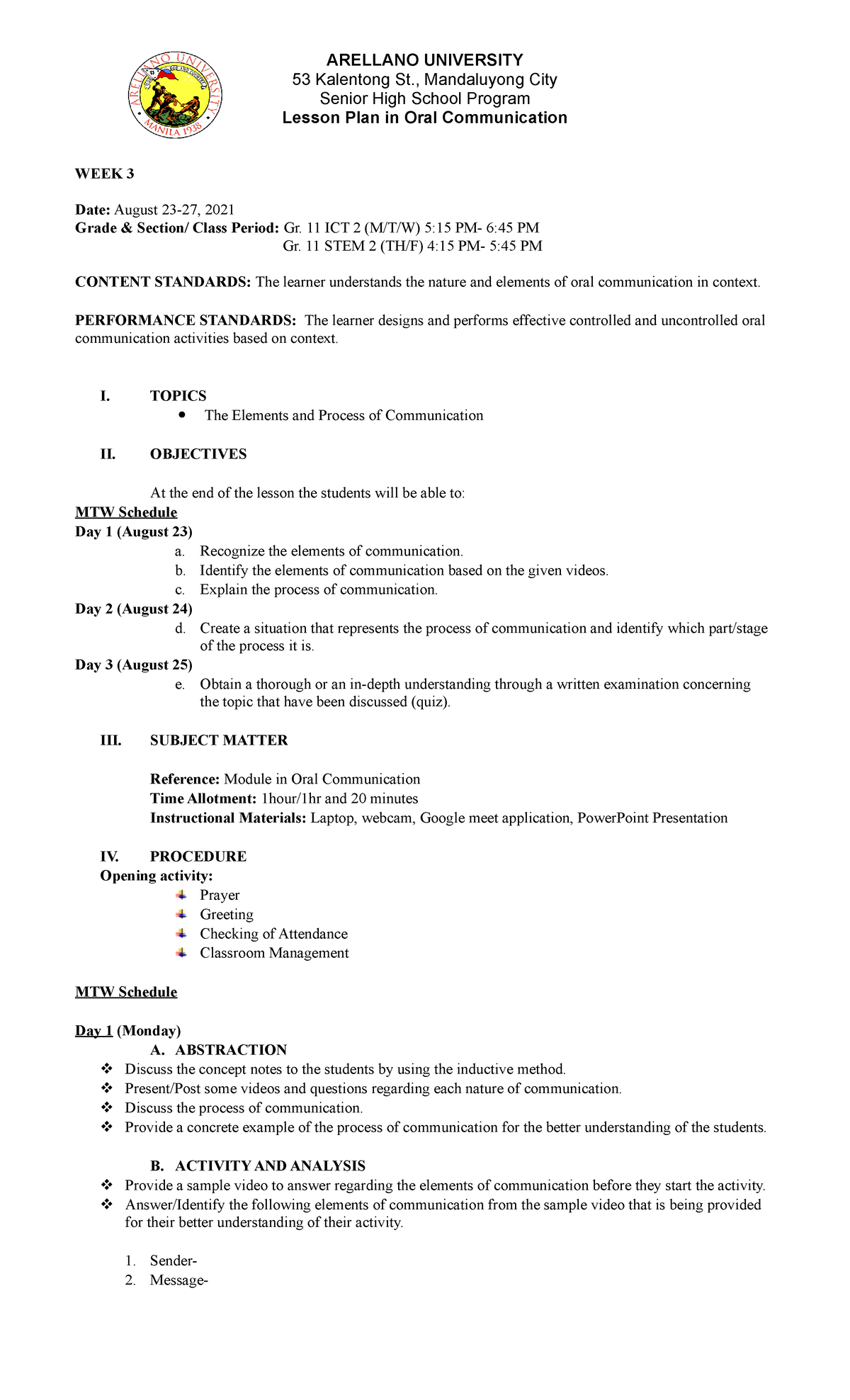 Lesson Plan Oral Communication The Nature Of Communication