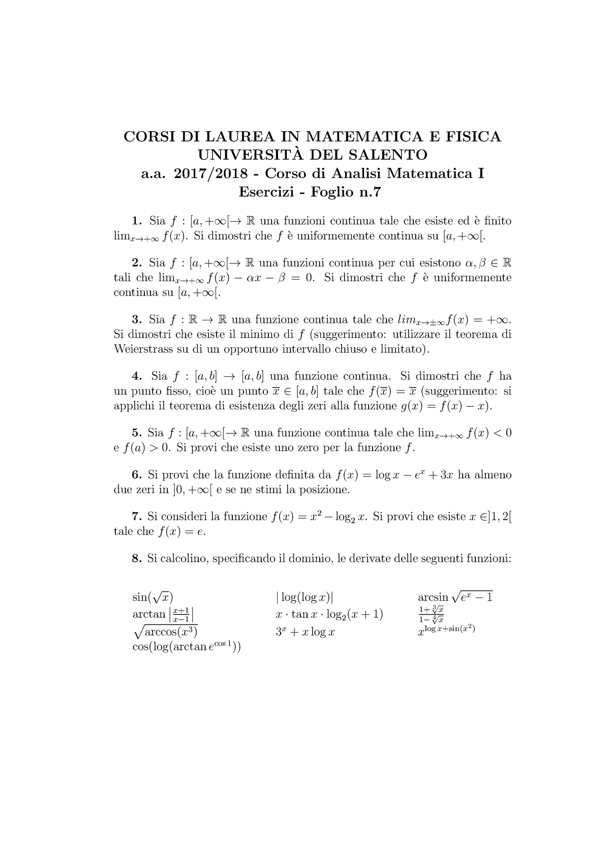 Esercizi Proposti Di Analisi Matematica 1 Universita Del Salento` A