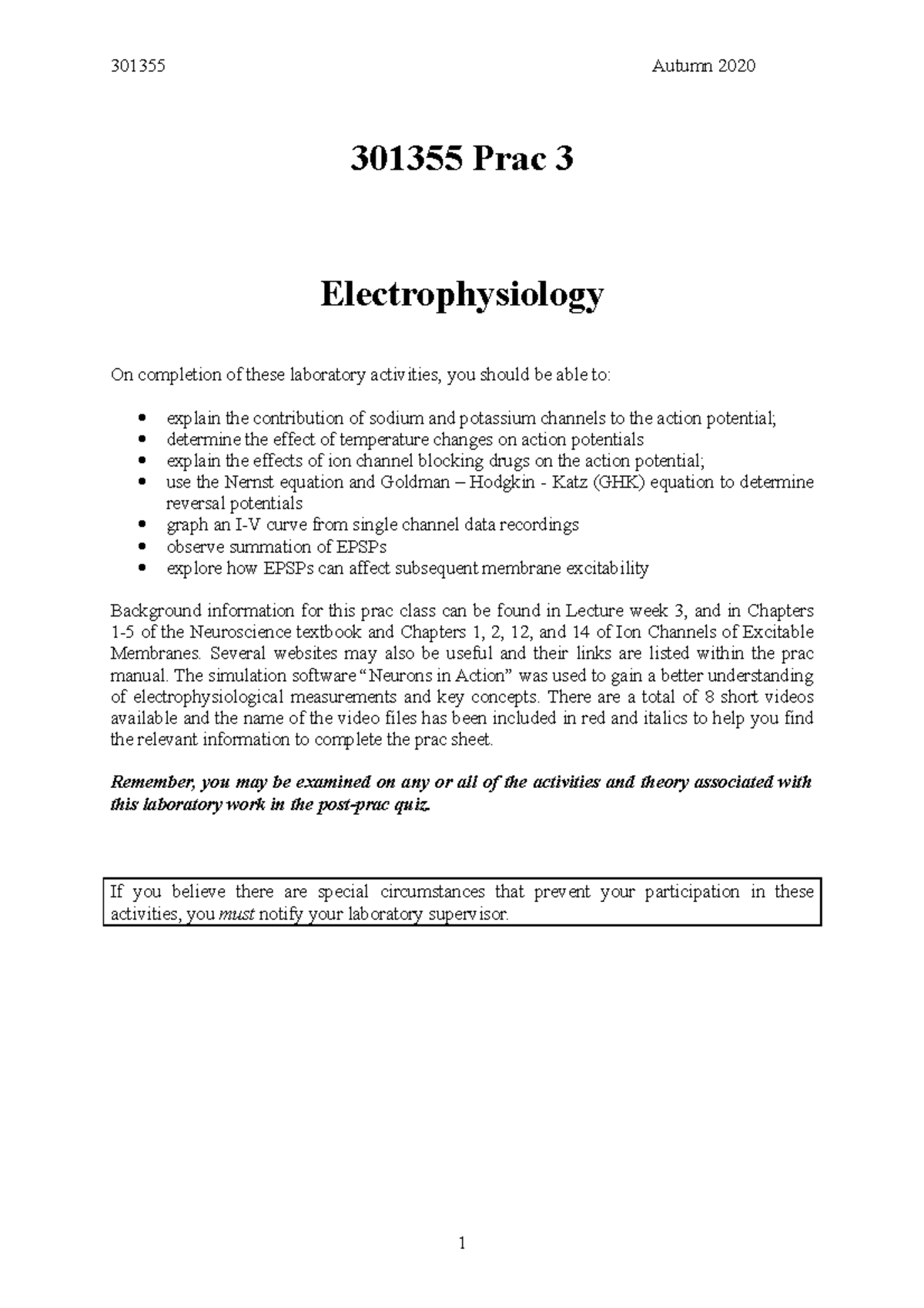 Prac 3 Notes And Answers Prac 3 301355 Prac 3 Electrophysiology On