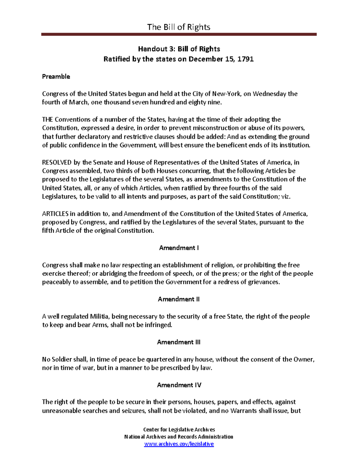 Bill Of Rights Document The Bill Of Rights Center For Legislative