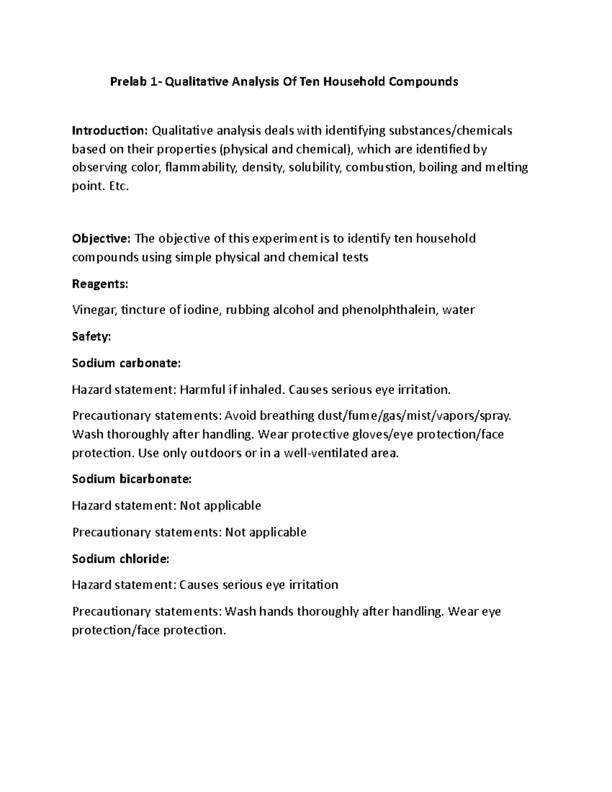 Prelab 1 Chem 1131 Qualitative Analysis Of Ten Household Compounds