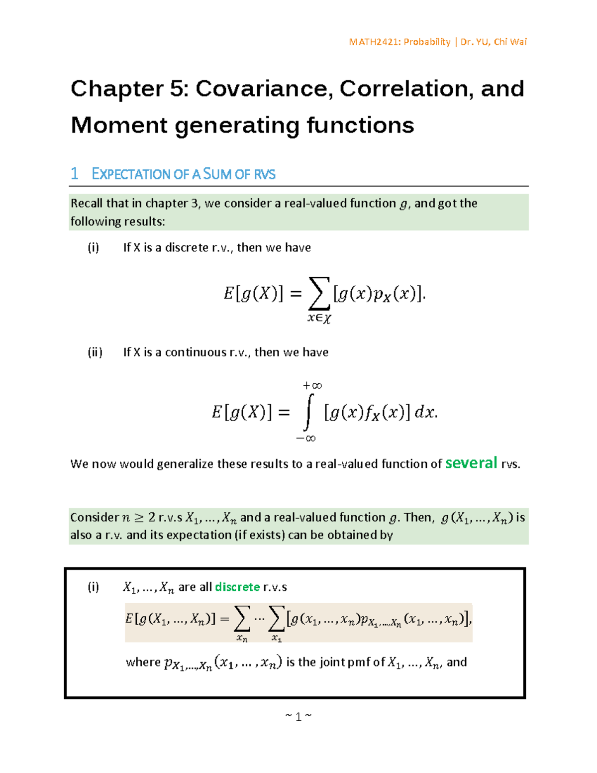 Chapter 5 Covariance Correlation And Moment Generating Functions 1