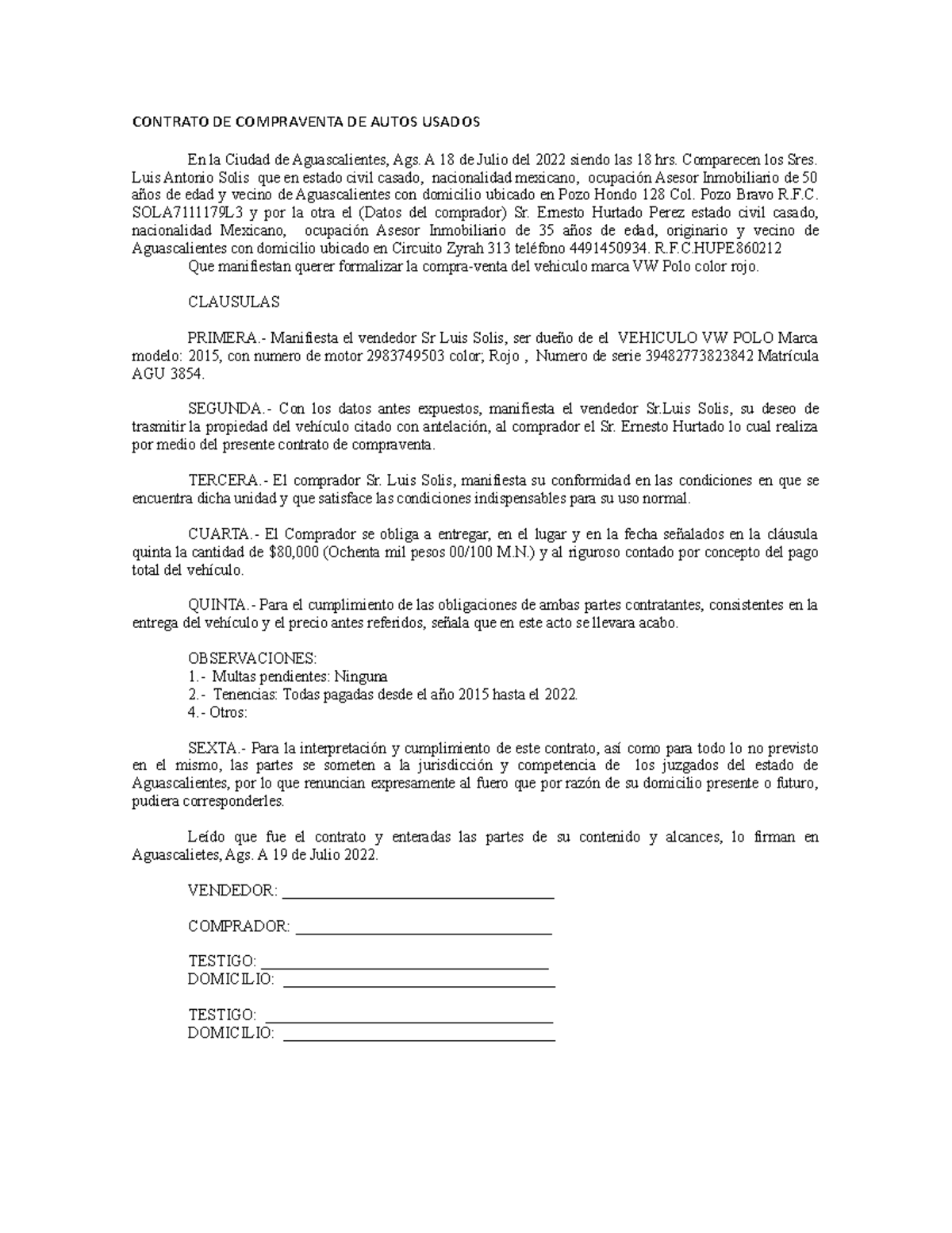 Contrato De Compraventa De Auto Usado Contrato De Compraventa De