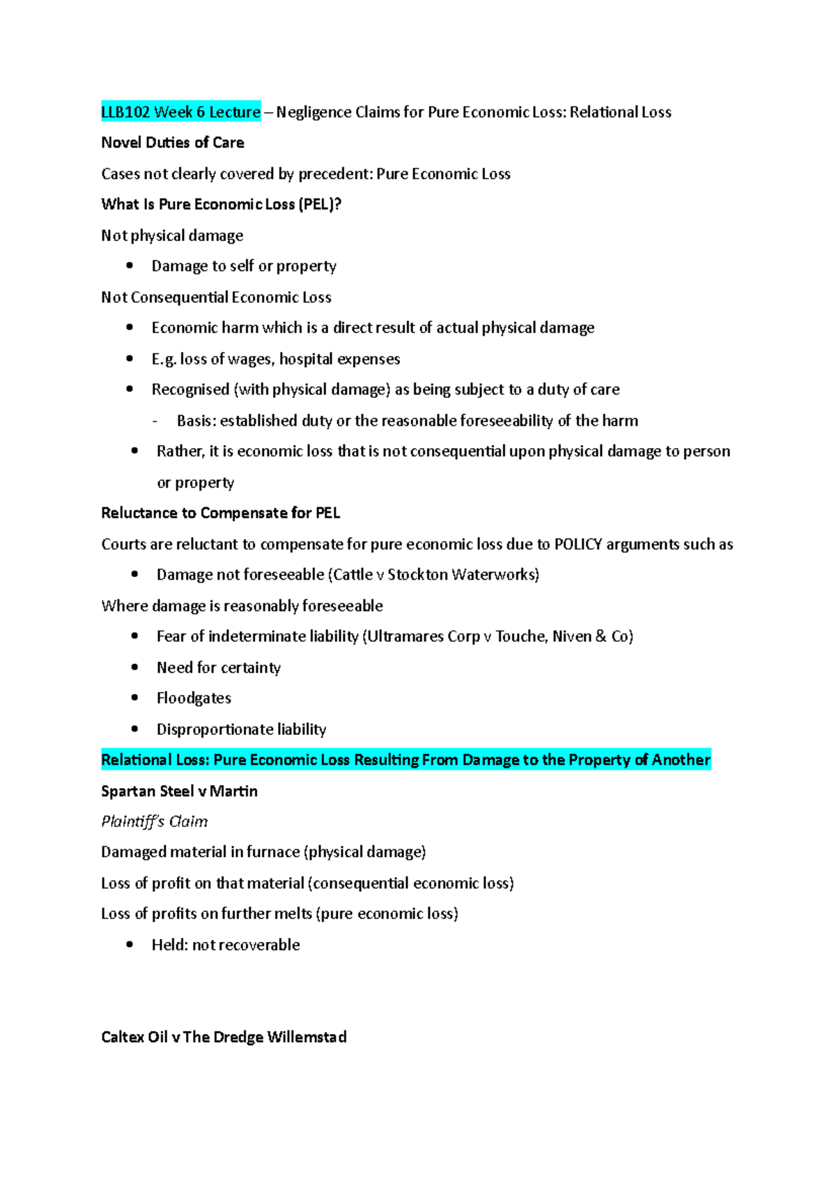 Llb102 W6 Lecture Llb102 Week 6 Lecture Negligence Claims For Pure